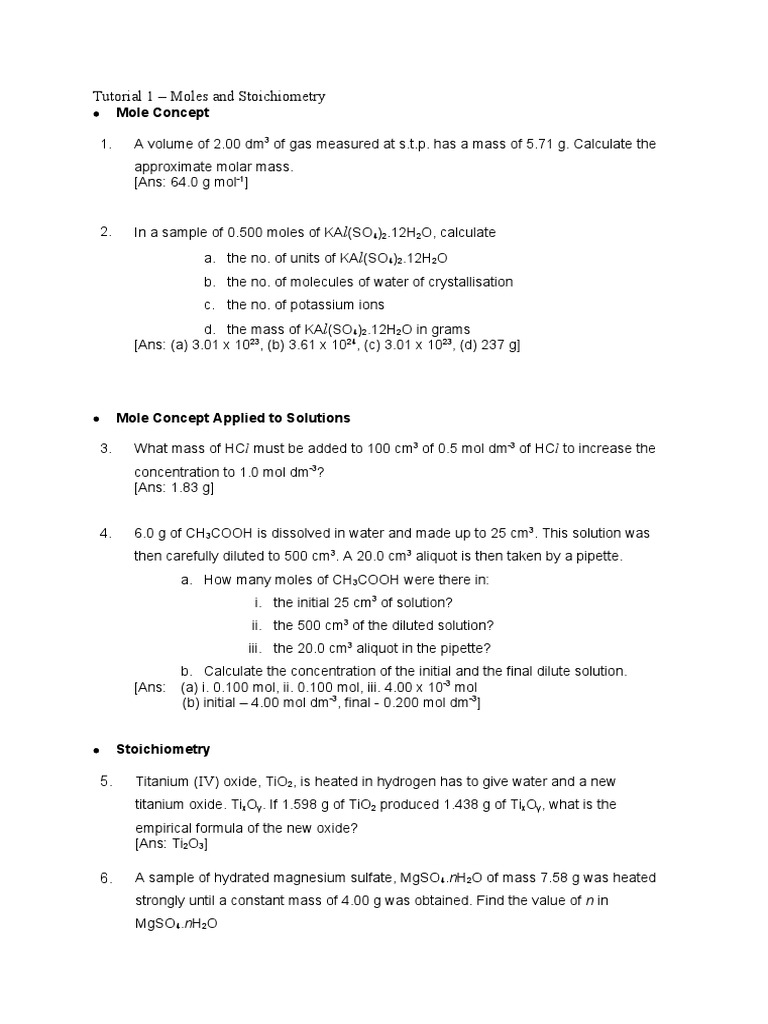 1 - Moles and Stoichiometry | PDF | Chlorine | Mole (Unit)