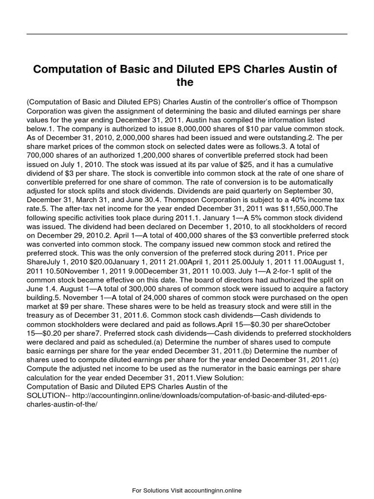 Computation of Basic and Diluted Eps Charles Austin of The PDF | PDF | Preferred Stock ...