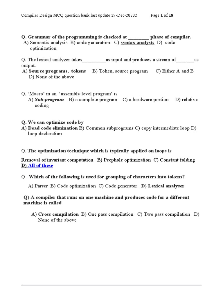 Compiler Design Mcq Question Bank Last Update 29 Dec 20202 Page 1 Of 18 Download Free Pdf 