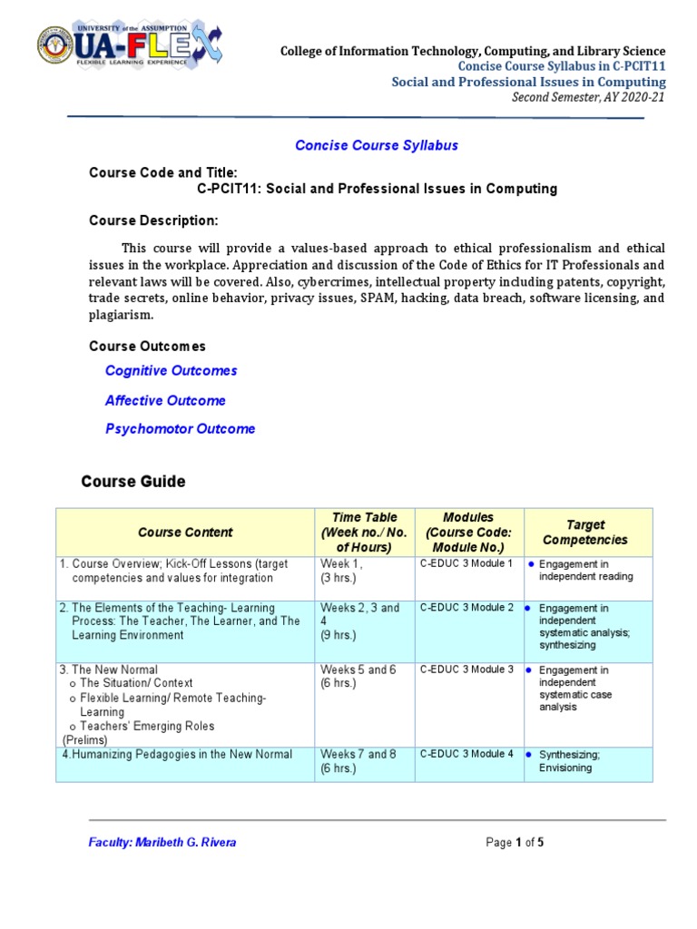 Concise Course Syllabus: Course Code and Title: C-PCIT11: Social and ...