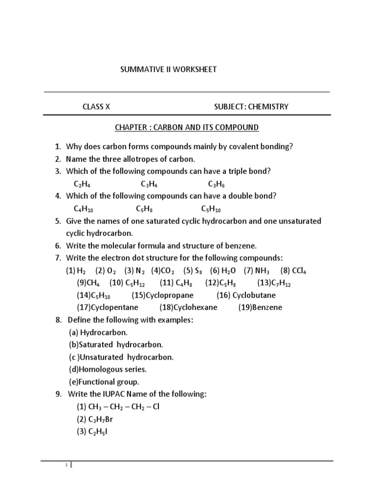 CBSE Class 10 Chemistry Worksheet - Carbon and Its Compound | PDF ...
