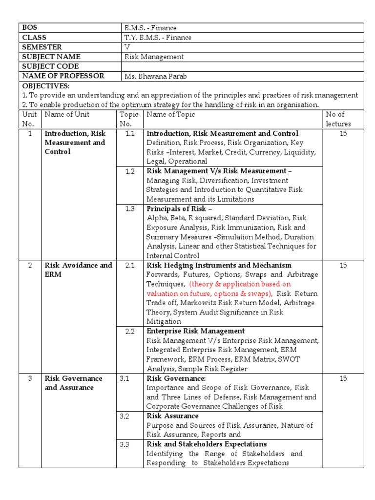 Risk MGMT Syllabus | PDF | Risk | Risk Management