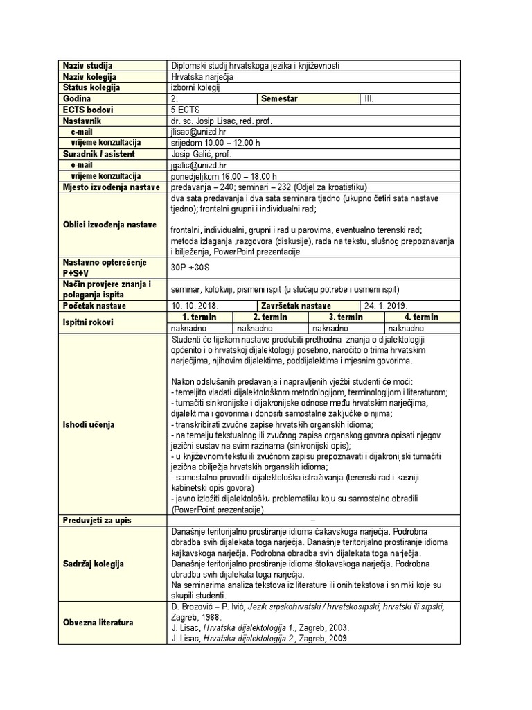 Hrvatska Narjecja - Silabus - 2018.19 PDF | PDF