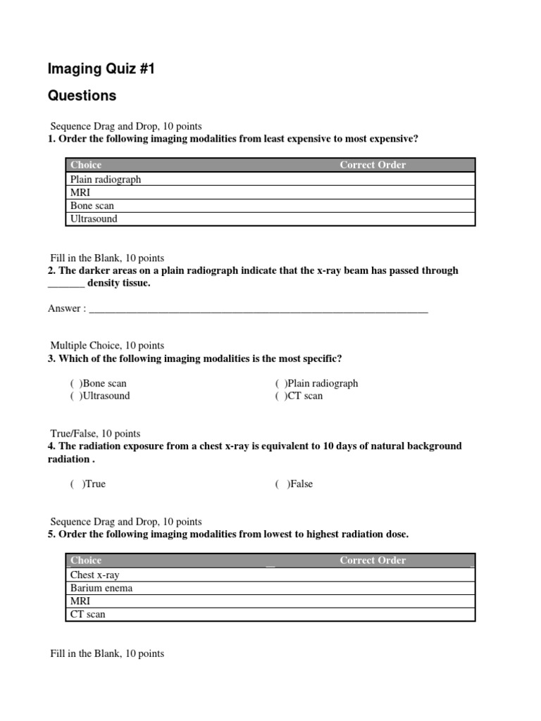Imaging Quiz #1 Questions: Choice Correct Order | PDF