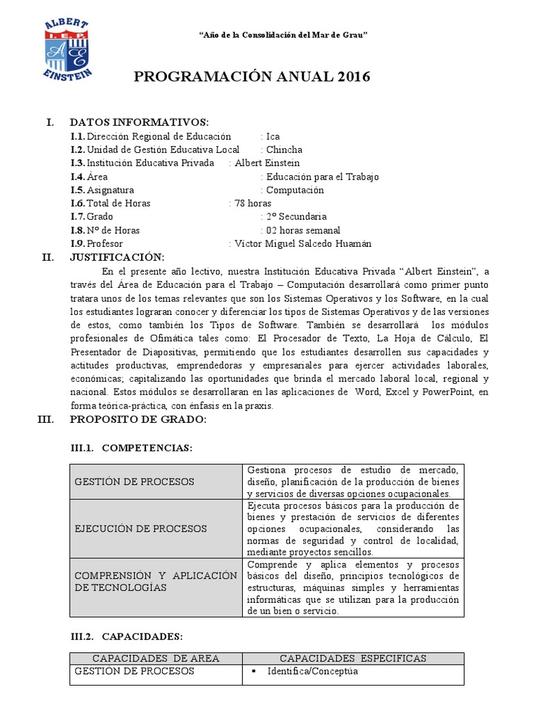 Programación anual de Computación del Colegio Albert Einstein enfocada en el desarrollo de ...