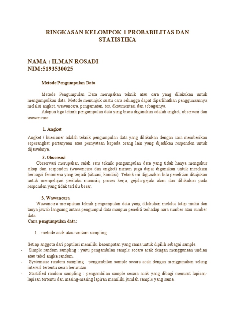 Ringkasan Kelompok 1 Probabilitas Dan Statistika Ilman | PDF