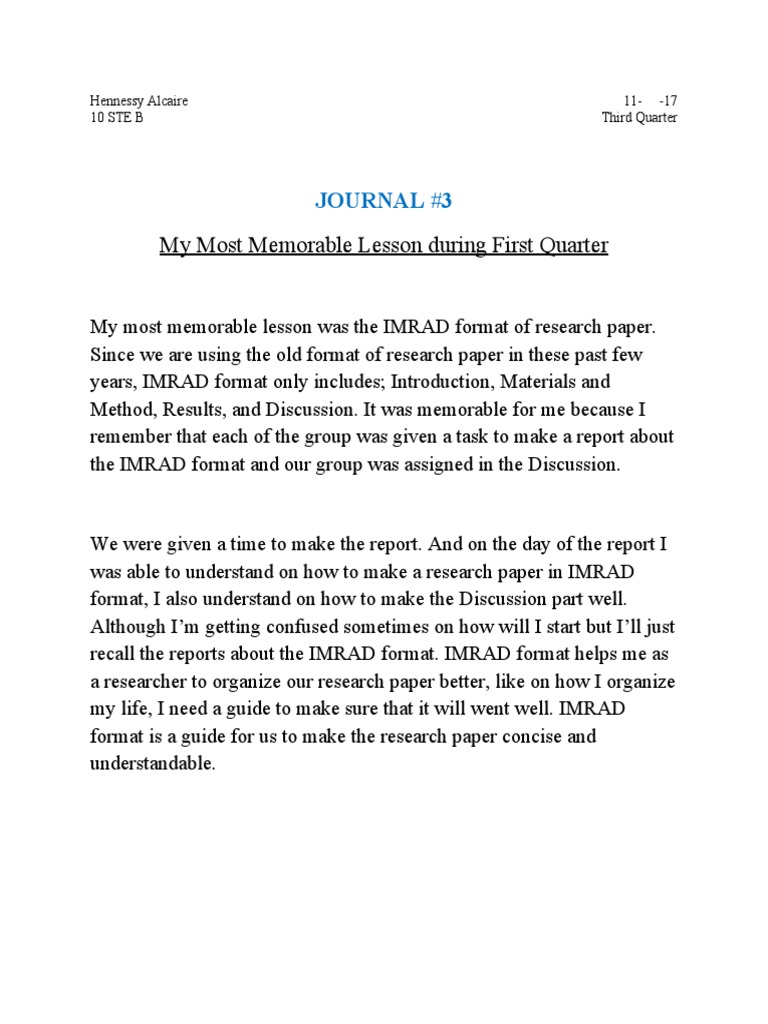 My Most Memorable Lesson During First Quarter: Journal #3 | PDF