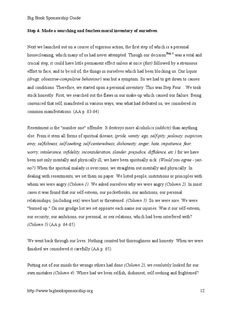 Step4-Worksheet - Big Book Sponsorship Guide PDF | PDF | Jealousy ...