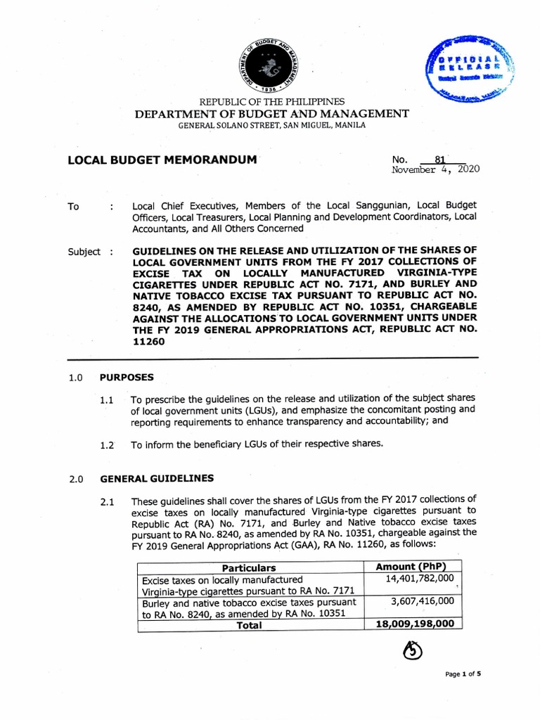 Local Budget Memorandum No 81 Dated November 4 2020 | PDF | Economies ...
