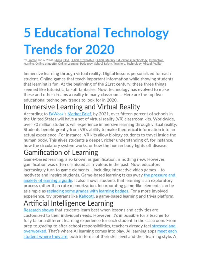 5 Educational Technology Trends For 2020 | PDF | Virtual Reality ...