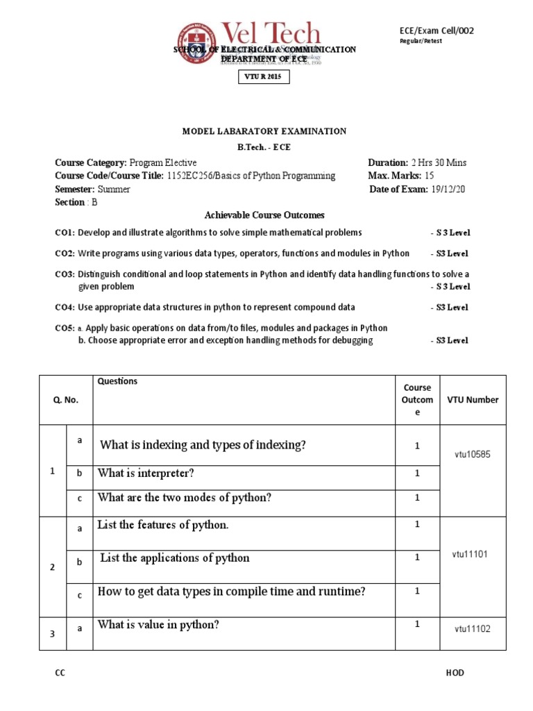 Model Laboratory Examination Questions on Basics of Python Programming for B.Tech ECE Students ...