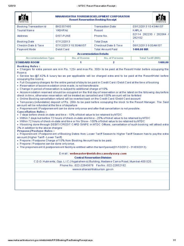 MTDC Resort Reservation Receipt | PDF | Debit Card | Credit Card