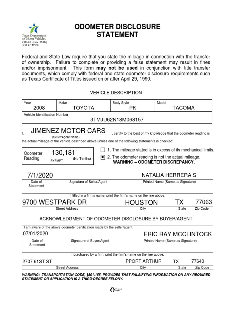 3 Odometer Disclosure | PDF | Vehicles | Government