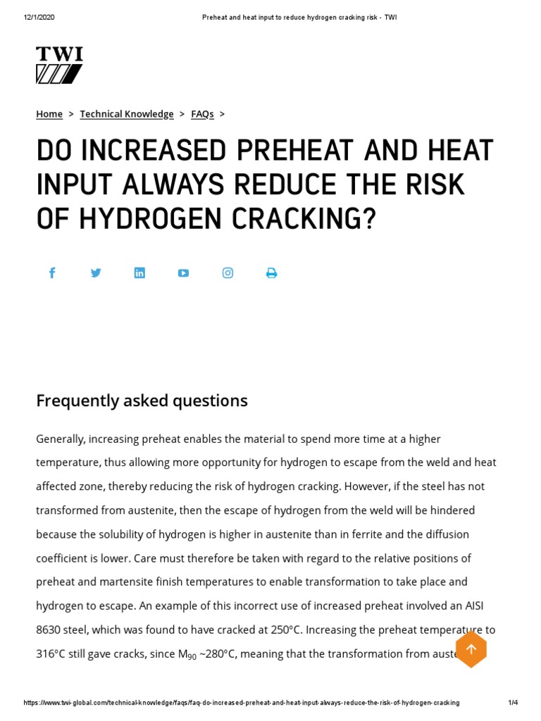 Preheat and Heat Input To Reduce Hydrogen Cracking Risk - TWI | PDF ...