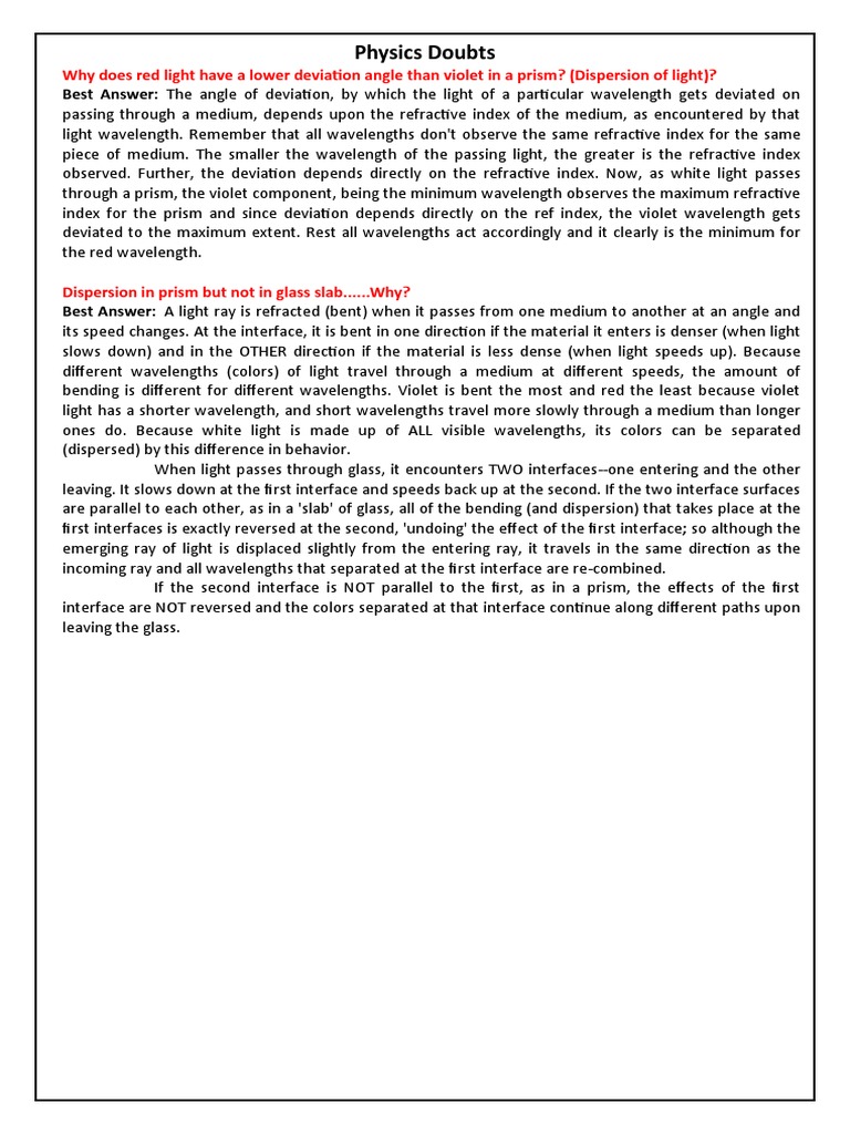 Physics Doubts: Best Answer: The Angle of Deviation, by Which The Light of A Particular ...