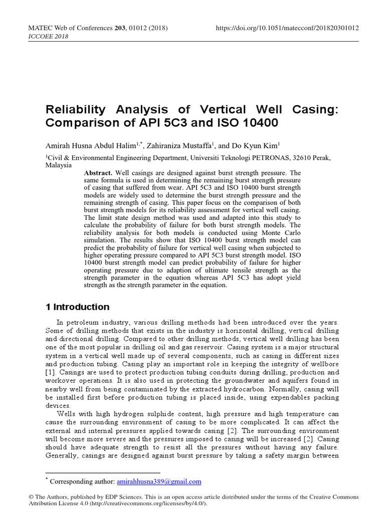 Reliability Analysis of Vertical Well Casing: Comparison of API 5C3 and ...