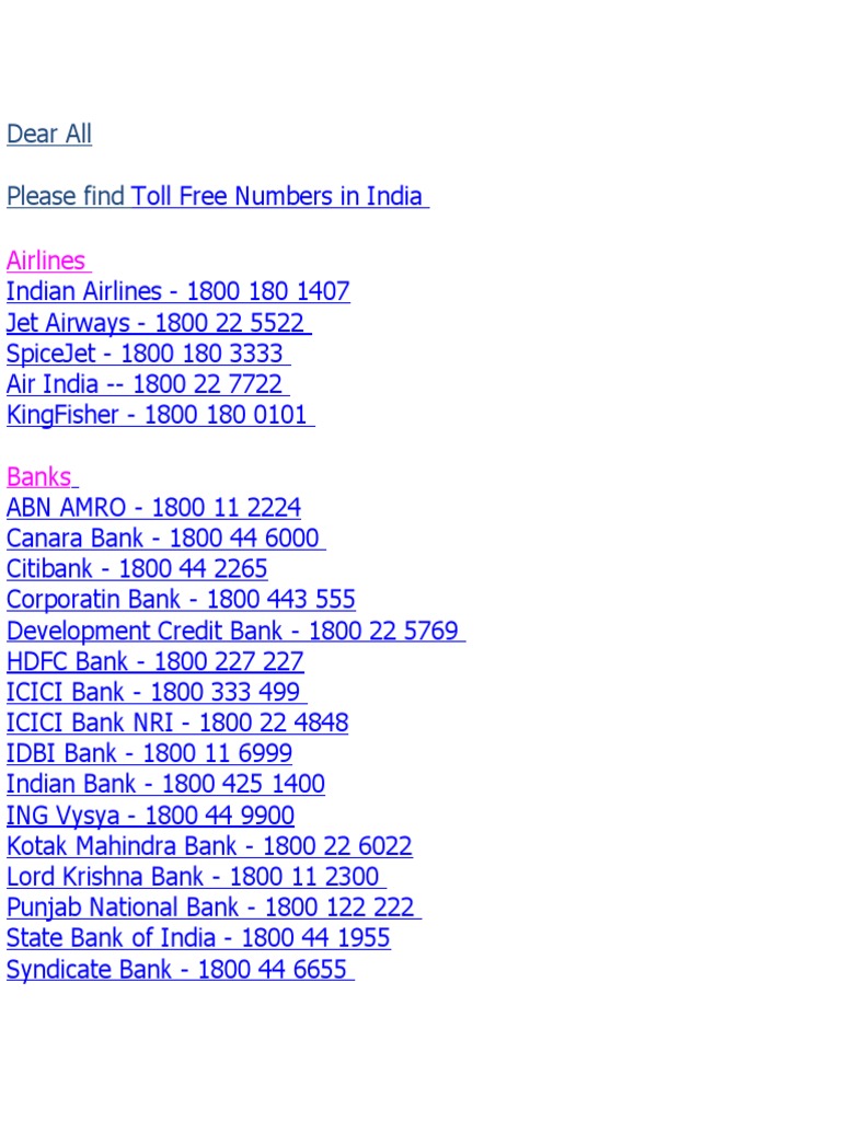 Toll-Free Numbers in India List | PDF | Companies | Business