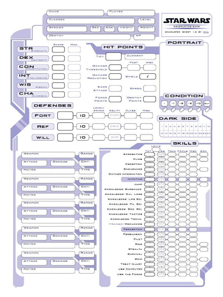 Star Wars Saga Character Sheet 10 BW | PDF | Leisure | Sports