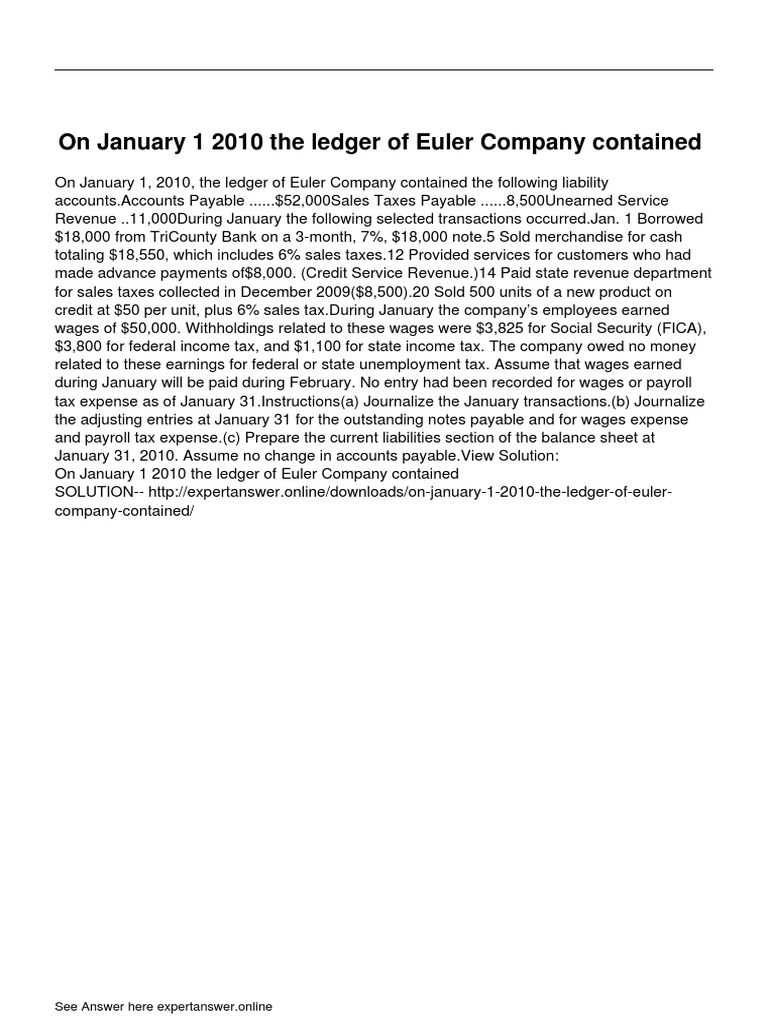 On January 1 2010 The Ledger of Euler Company Contained | PDF