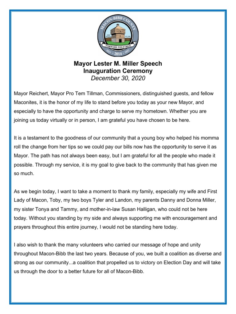 Macon-Bibb Mayor Lester Miller's Inauguration Speech Transcript | PDF ...