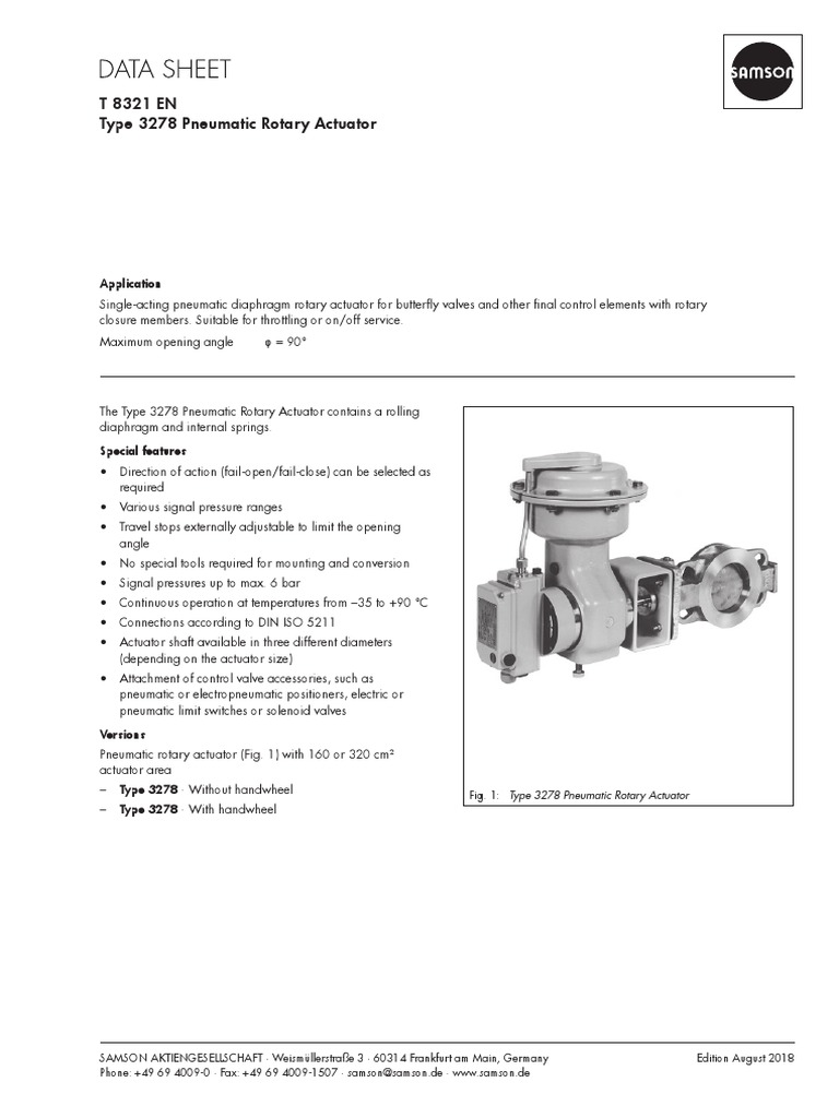 T 8321 EN Type 3278 Pneumatic Rotary Actuator: Application | PDF ...