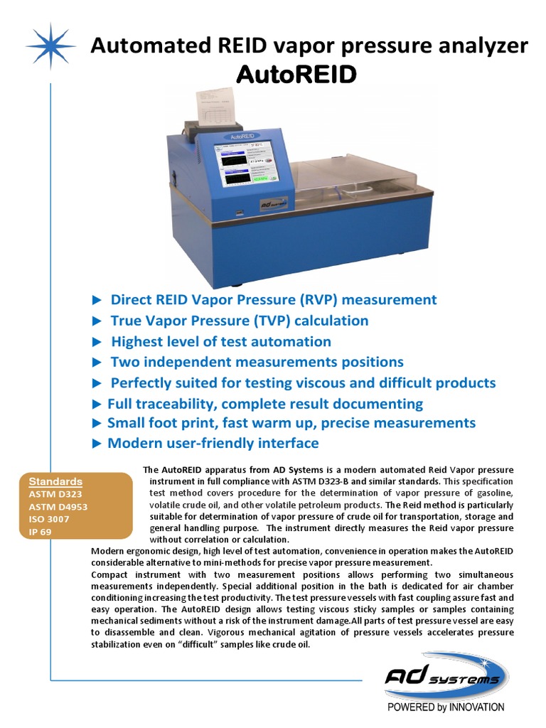 Automated Reid Vapor Pressure Analyzer Autoreid: Standards Astm D323 ...