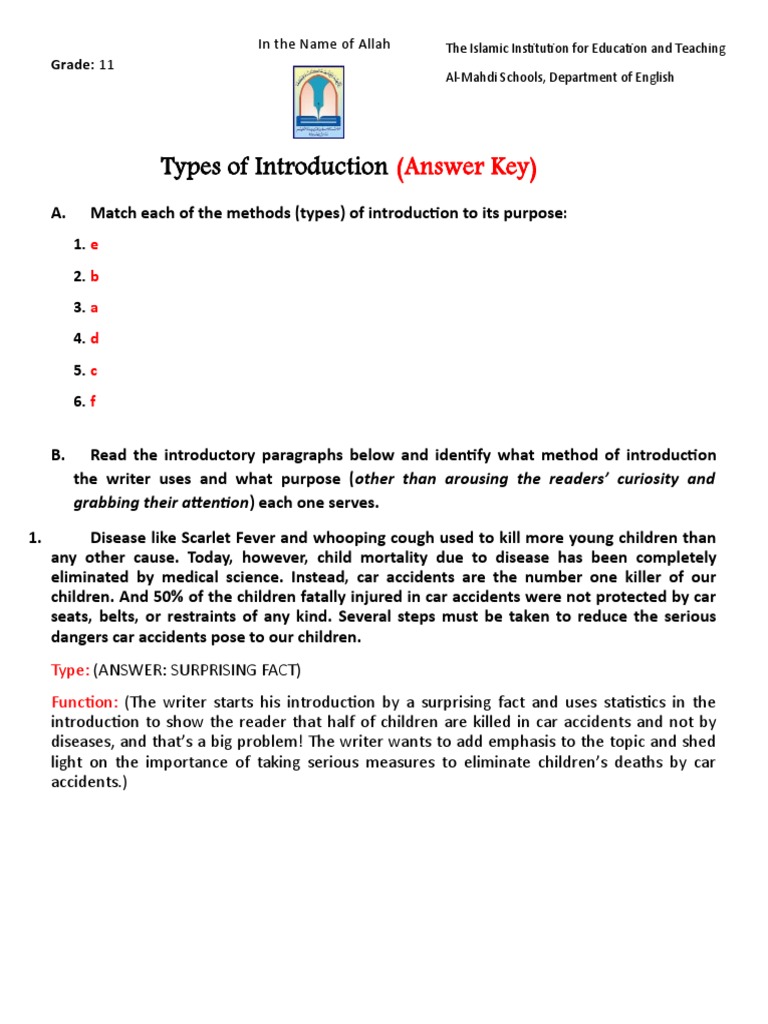 Types of Introduction Application Sheet Answer Key | PDF | Traffic ...