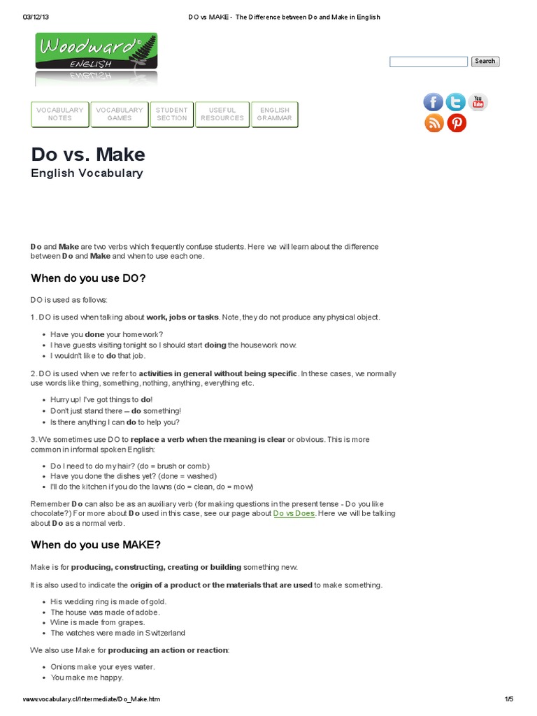 DO Vs MAKE - The Difference Between Do and Make in English | PDF ...