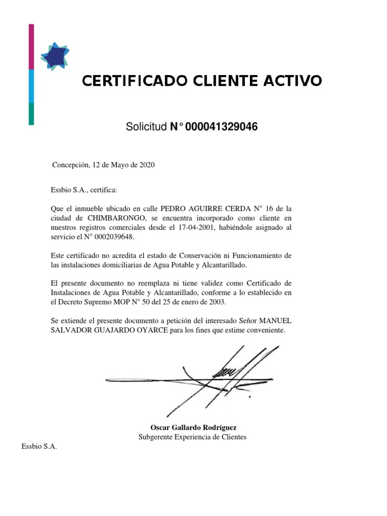 Certificado Cliente Activo Essbio | PDF
