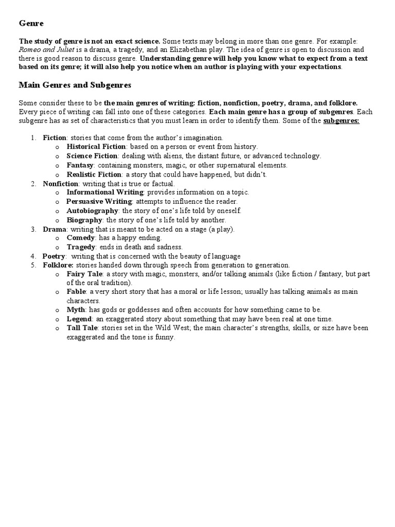 Literary Genres. Handout | PDF