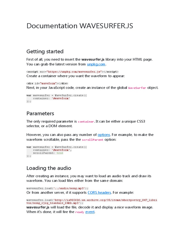 Documentation WAVESURFER - JS: Getting Started | PDF