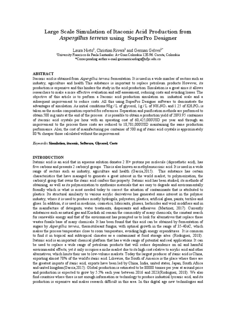 Itaconic Acid Simulation | PDF | Filtration | Plastic