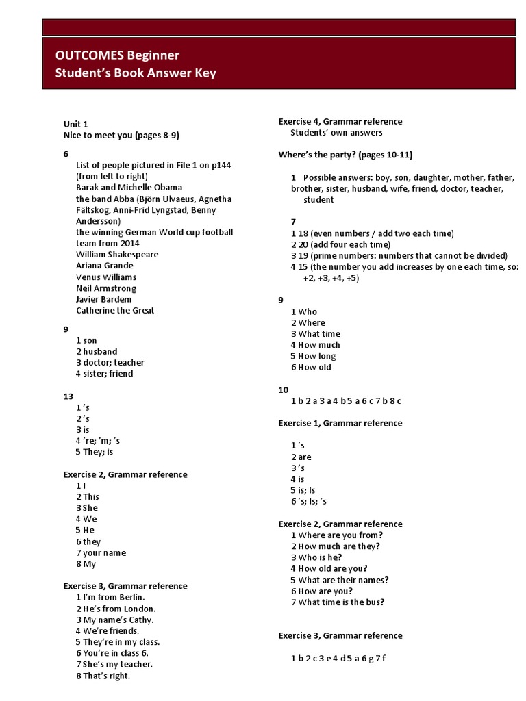 OUTCOMES Beginner Student's Book Answer Key | PDF | Workweek And ...