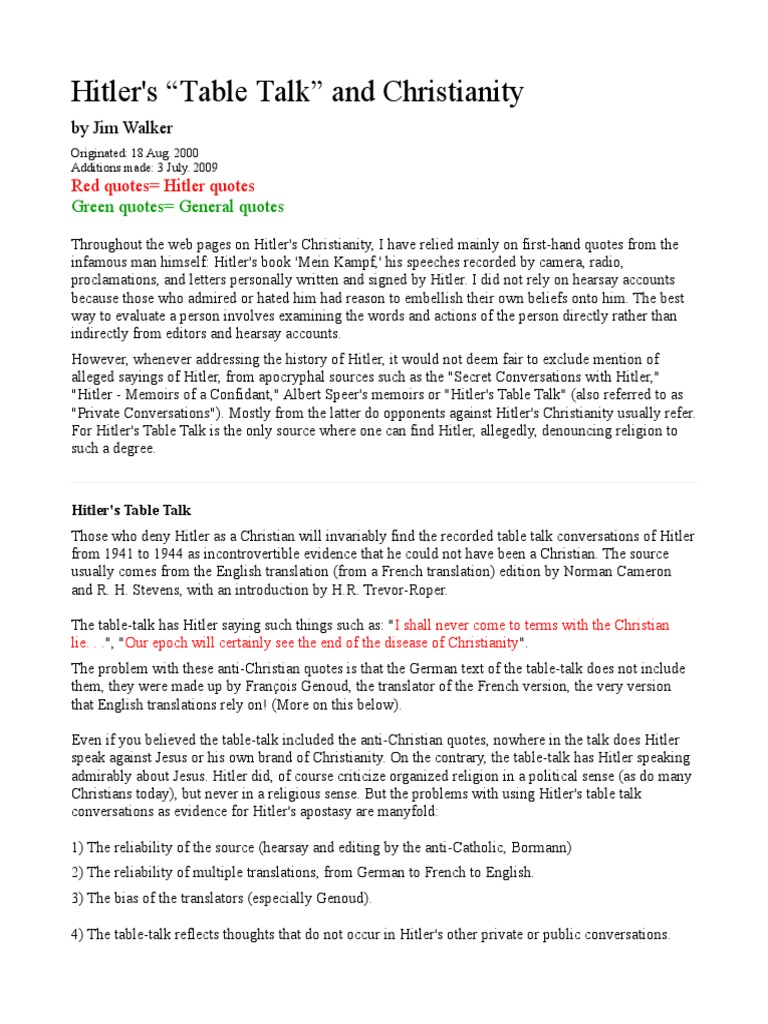 Hitler's Table Talk on Christianity | PDF | Criticism Of Christianity ...