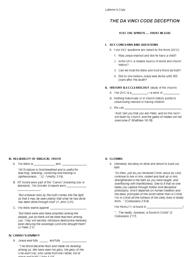 The Da Vinci Code Deception: Test The Spirits Trust in God | PDF ...