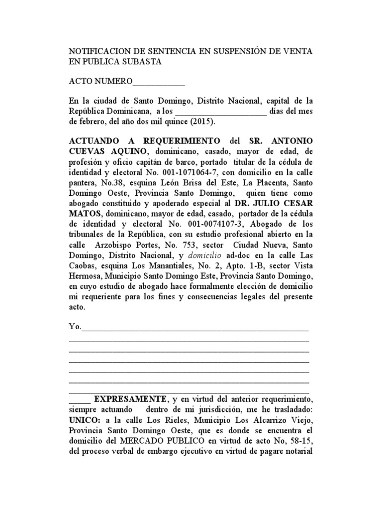 Notificacion de Sentencia en Suspensión de Venta en Publica Subasta ...