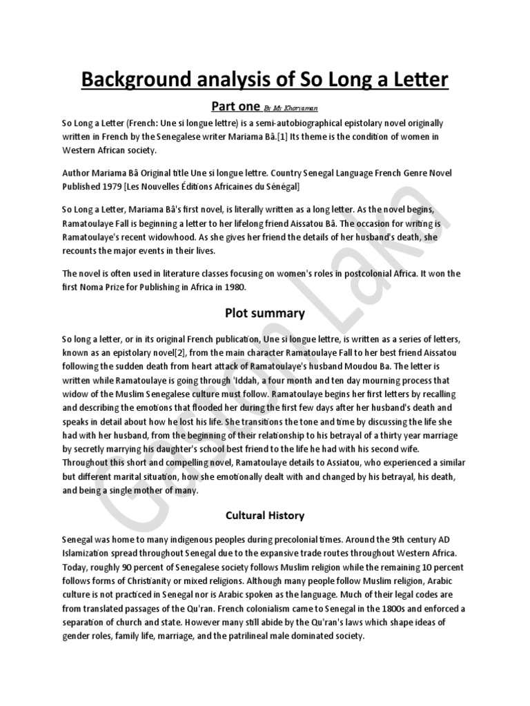 Analysis of So Long a Letter Themes | PDF | Social Institutions ...