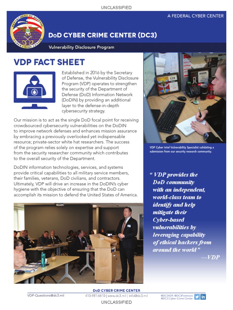VDP Fact Sheet: VDP-Questions@dc3.mil | PDF | Vulnerability (Computing ...