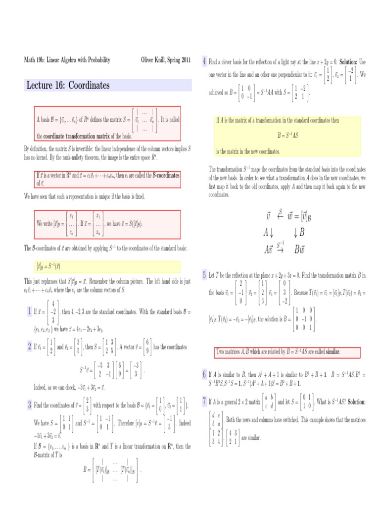 Lecture 16 - Coordinates | PDF | Basis (Linear Algebra) | Matrix ...