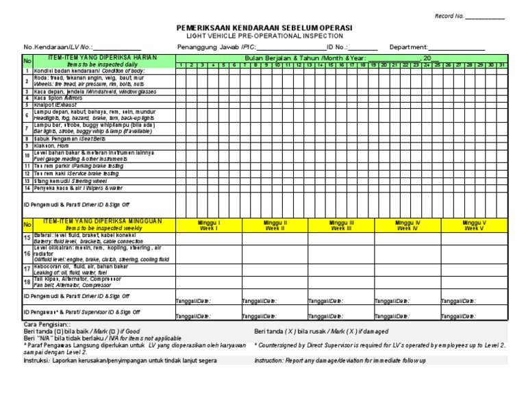 LV PreOps Inspection Checklist | PDF | Machines | Vehicles