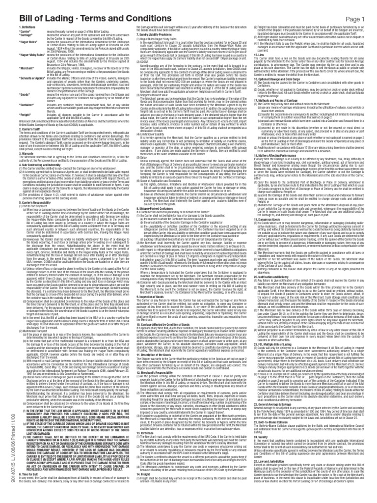 Bill of Lading Terms and Conditions | PDF | Bill Of Lading | Cargo