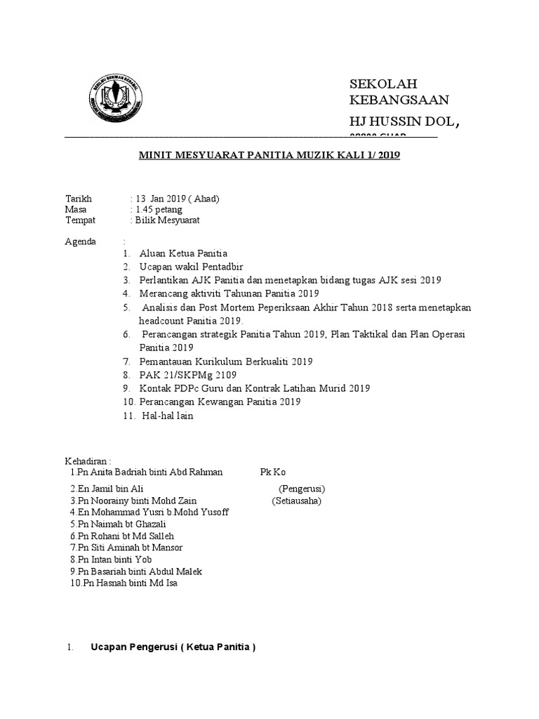 Minit Mesyuarat Panitia Muzik Kali 1 | PDF