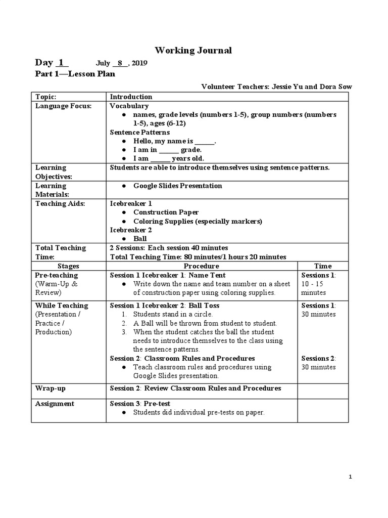Working Journal Day: Part 1-Lesson Plan | PDF | Lesson Plan | Vocabulary
