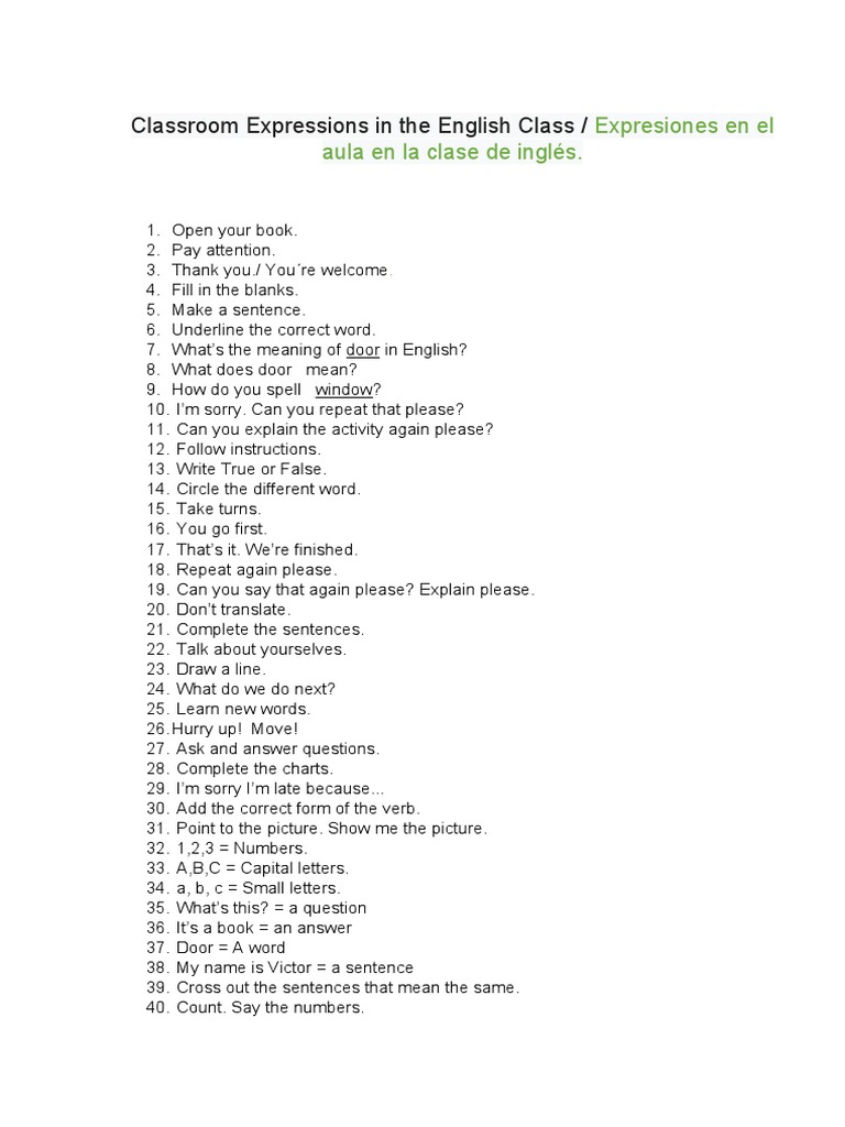 Classroom Expressions in The English Class | PDF | English Language ...