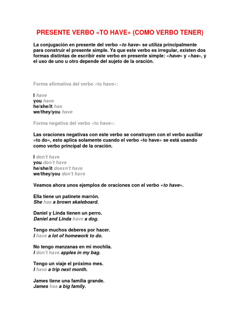 Trabajo Del Verbo Tener en Presente Clave | PDF