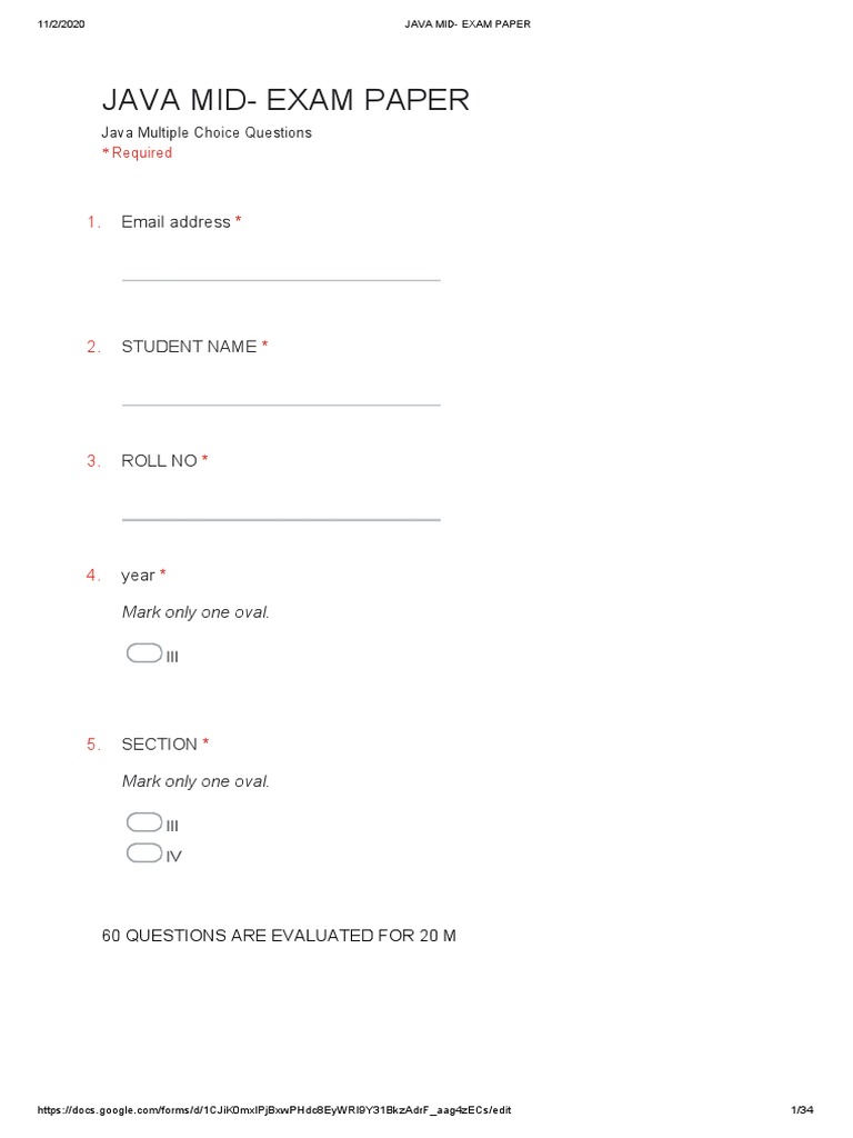 JAVA MID - EXAM PAPER - Wordgoogle Forms | PDF | Class (Computer ...