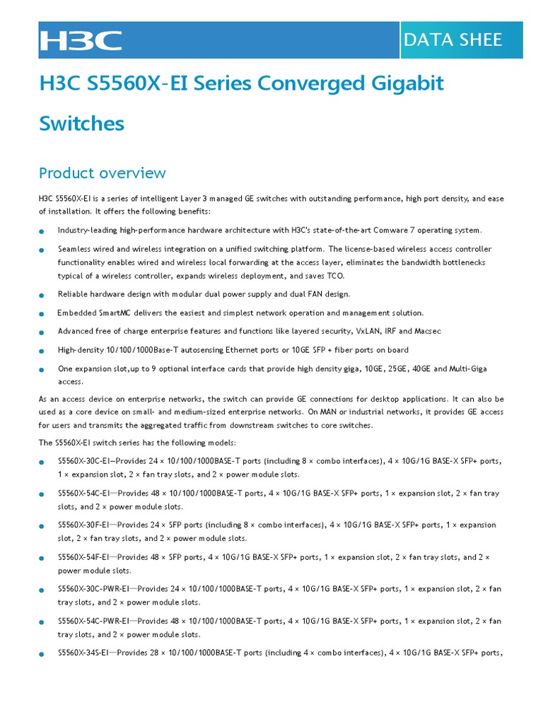 H3C S5560X-EI Series Converged Gigabit Switches: Product Overview ...