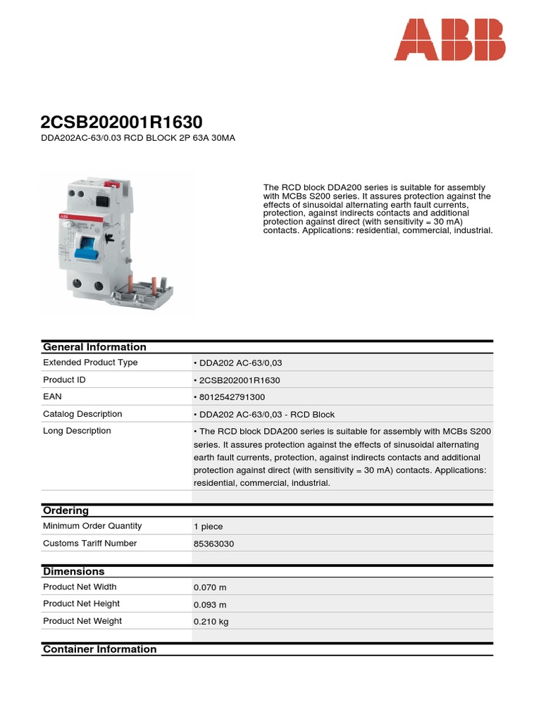 RCD Block DDA202 63A 30mA | PDF | Electricity | Electrical Engineering