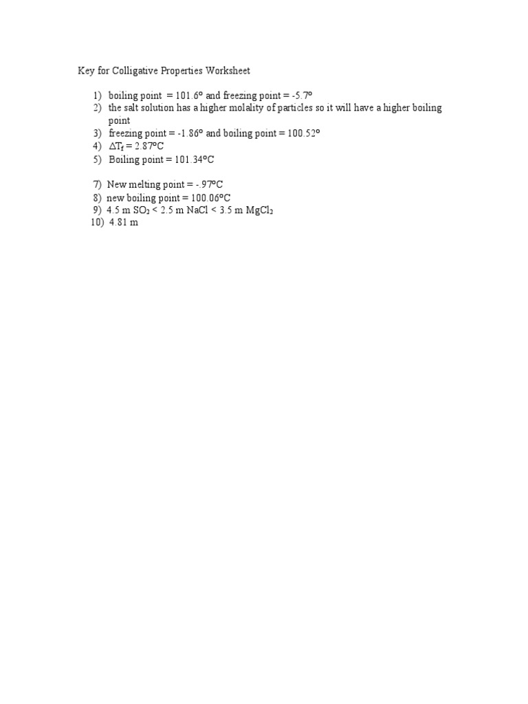 Key For Colligative Properties Worksheet | PDF | Teaching Methods ...
