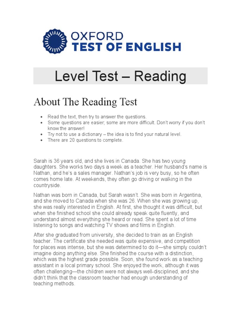 Oxford Test - Reading | PDF | Teachers